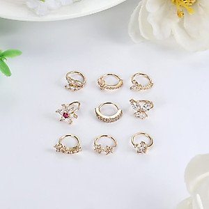 ORAZIO 9Pcs 20G Nose Rings Hoops For Women Surgical Steel Paved CZ Cartilage Earring Hoop Cute Butterfly Flower Nose Piercing Jewelry Silver Gold Black Rose Gold Nose Ring Hoop