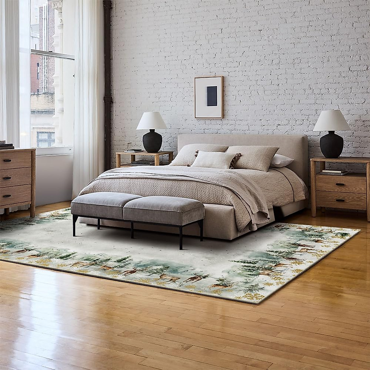 Artoid Mode Deer Snowflakes Pine Tree Christmas Area Rug, Xmas Winter Home Decor Low-Profile Washable Area Rugs for Entryway Bedroom Living Room Laundry Room Indoor 5x7 Feet