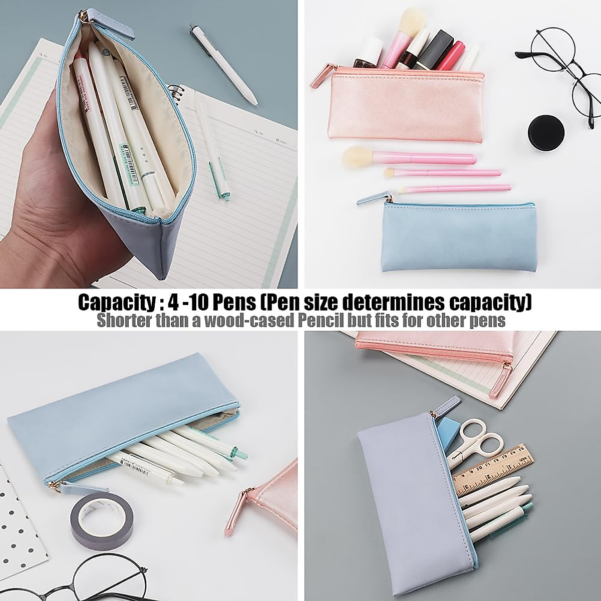 EONMIR PU Leather Pencil Cases Pouch Bag with Zipper,Small Simple Pencil Pouches, Makeup Pouch, Cosmetic Pouch (Blue+Pink)