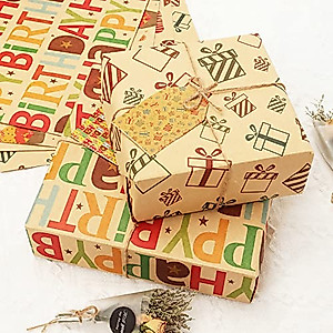 ZHULUOJI Kraft Wrapping Paper Birthday 8 Sheets Recyclable Wrapping Paper with 4 Gift Tags, Folded Flat Gift Wrap Paper Set, 19.7 in x 27.6 in Per Sheet