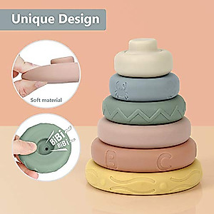 Mini Tudou 6 Pcs Stacking & Nesting Circle Toy,Soft Building Rings Stacker & Teethers,Squeeze Play with Early Educational Learning Stacking Tower, Best Gift for 6+ Months Boys&Girls