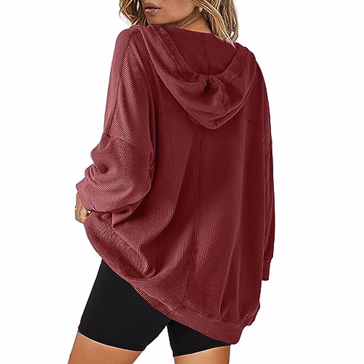 Womens Oversized Waffle Knit Hoodies V Neck Drawstring Long Sleeve Tops Lightweight Thermal with Pockets Wine