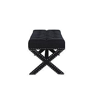Iconic Home Dalit Updated Neo Traditional Polished Nailhead Tufted Linen X Bench, Black
