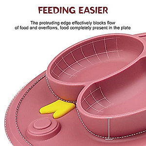 Baby Divided Plate Placemat Silicone- Portable Non Slip Child Feeding Suction Plate for Children Babies and Kids BPA Free Baby Dinner Plate Microwave Dishwasher Safe (Duck-Blush)