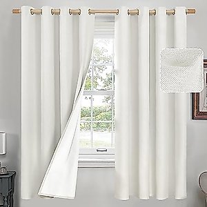 QUEMAS Linen Blackout Curtains for Bedroom 63 Inches Length 2 Panels, 100% Black-Out Curtains for Living Room Darkening, Thermal Insulated Soundproof Grommet Window Drapes (52 x 63 Inch, Ivory White)