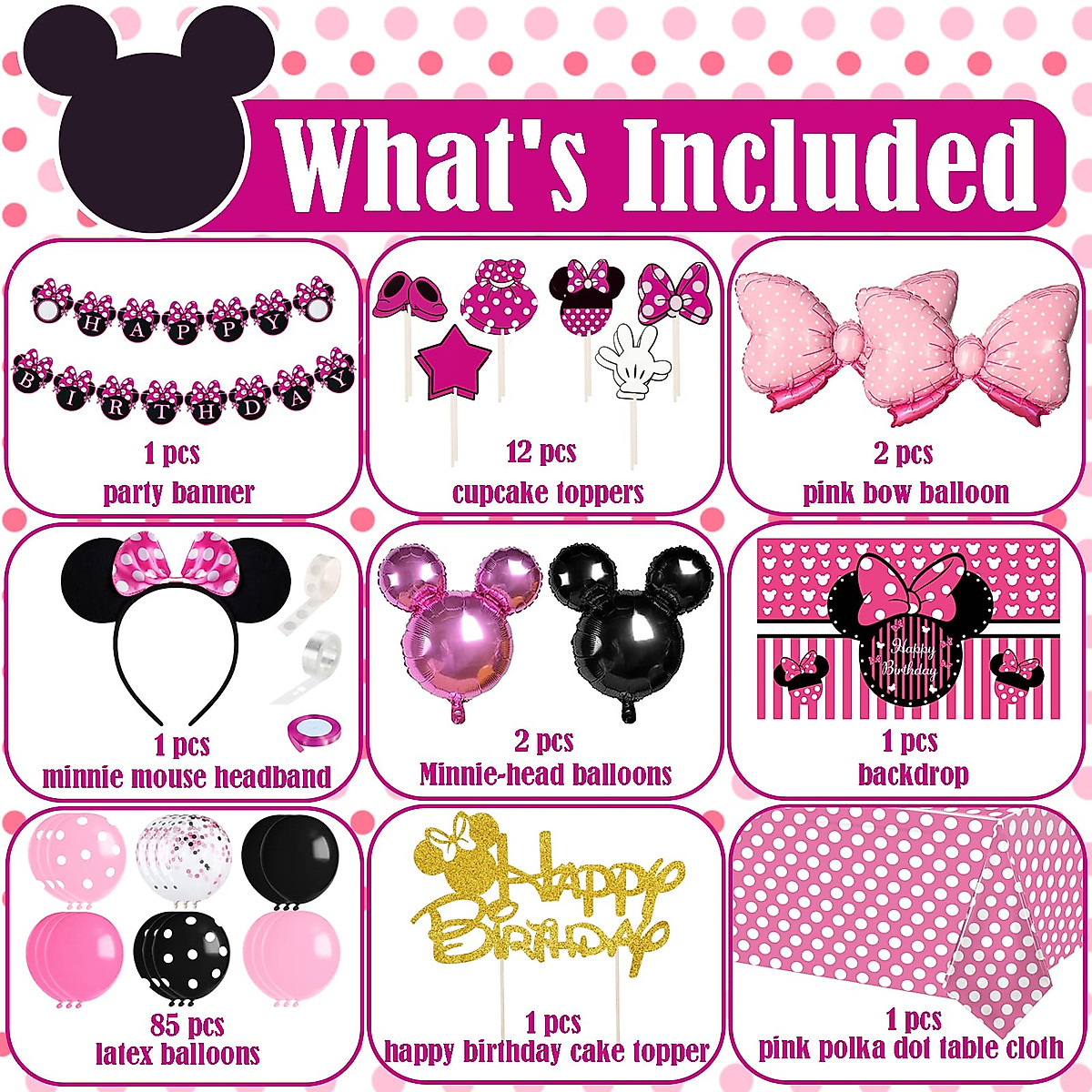 Pink Mouse Birthday Decorations Party Supplies for 1st 2nd 3rd Year Girl Baby Shower Pack (109 Pcs including Backdrop, Tablecloth, Banner, Headband, Foil Balloons, Balloons Garland Arch Kit)