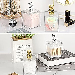 Hipiwe Bear Q-tip Holder Clear Acrylic Bathroom Canisters Jar Cotton Swab Organizer Plastic Apothecary Jar Bathroom Storage Dispenser for Cotton Swab Cotton Ball, Cotton Rounds Pads, Floss