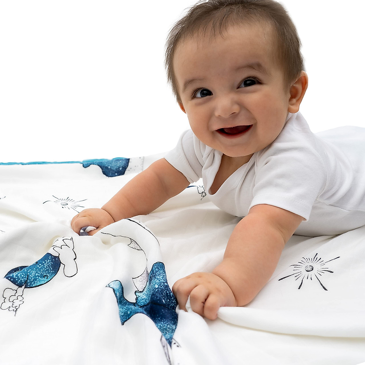 JumpOff Jo - Baby Muslin Swaddle Blanket, 47" x 47" - Ultra Soft 70% Rayon derived from Bamboo & Muslin 30% Cotton Lightweight Receiving Blanket, Machine Washable - Mama Bear Blue