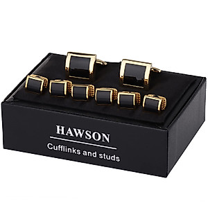 HAWSON Cufflinks and Studs for Men-Mens Fashion Cufflinks and Tuxedo Shirt Studs Set for Regular Wedding Business Accessories (Gold +Black Enamel)
