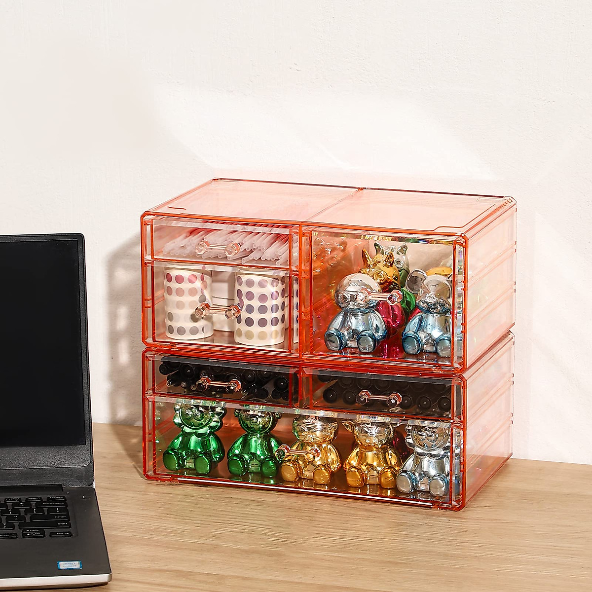 Cq acrylic Stackable Bathroom Storage with Pull Out Bin Organizer Drawer for Cabinet,Vanity,Shelf,Cupboard,Cabinet or Closet Organization Pink 3 Drawers