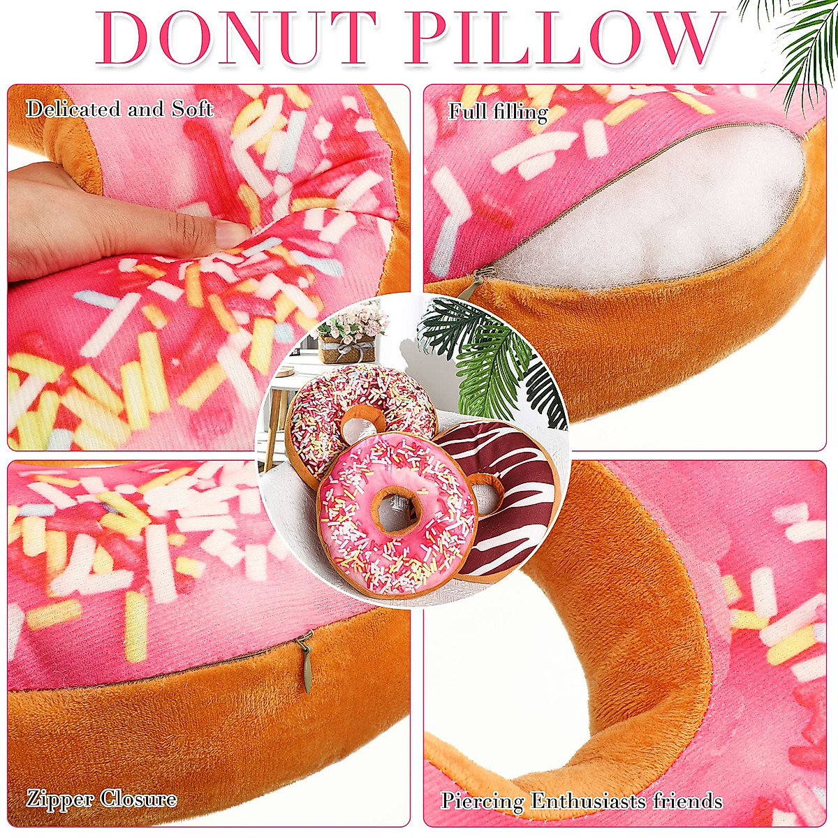 Round Throw Pillow 3 Pcs 16 Inch Chocolate Donut Pillow Plush Soft Food Pillow 3D Digital Print Stuffed Ear Piercing Pillow Decorative Light Weight Seat Pad Cushion for Chair Floor Couch Sofa (Cute)