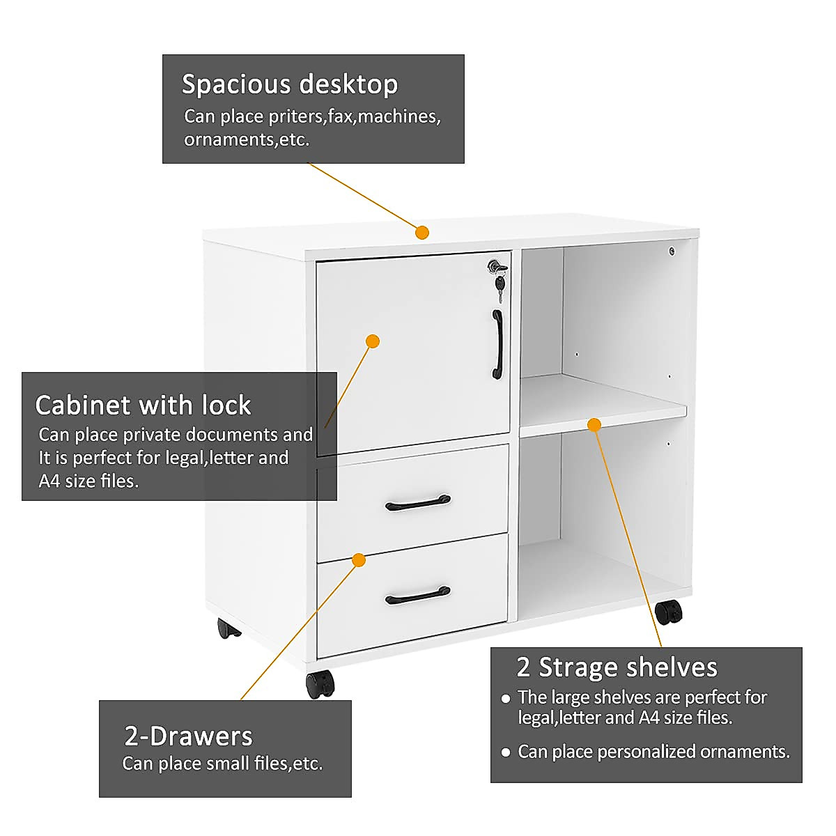 Office Storage Cabinet with 2 Drawers, Modern Rolling Cabinet with 3 Storage Shelves Printer Stand Table with Wheels for Home Office Storage (White)
