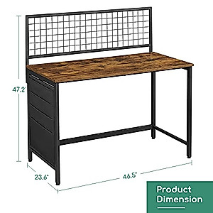 IULULU Computer Desk 47-Inch Home Office Writing Table with Grid Board, Modern Simple Study Workstation, Stable Metal Frame, Easy Assembly, Rustic Brown + Black