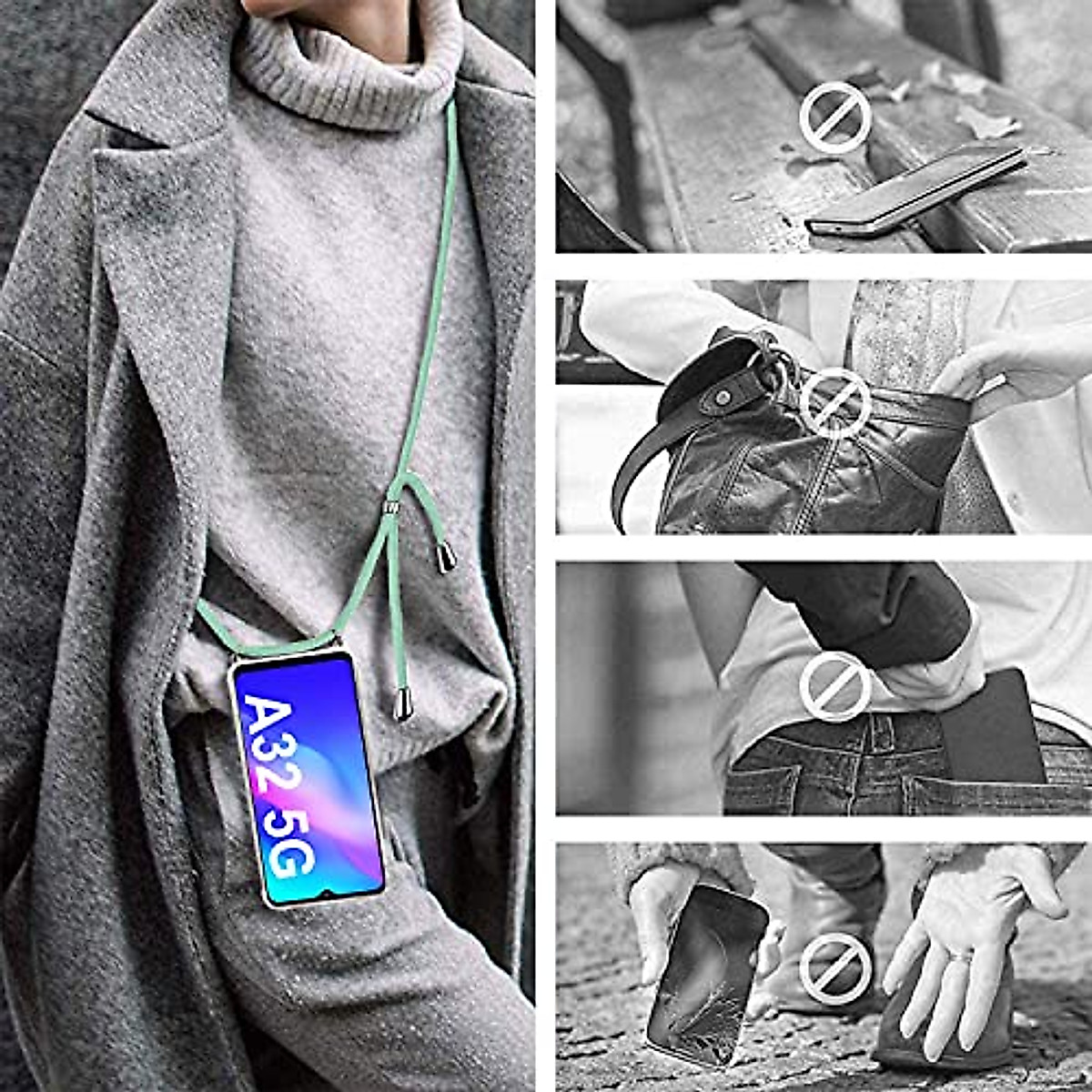 KAPUCTW Crossbody Lanyard Case for Samsung Galaxy A32 5G 6.5" + 1 x Tempered Glass Screen Protector,Adjustable Cord Strap Necklace Phone Cover TPU Silicone Protective Case for Samsung A32 5G,Green