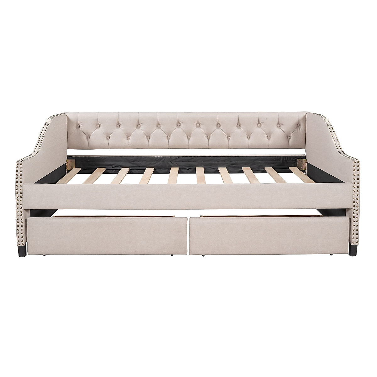 Eafurn Full Daybed with Two Drawers, Upholstered Daybed with Storage,Full Size Button Tufted Sofa Bed Day Bed with Nailhead Trim and Solid Wood Slat Support
