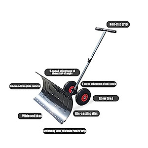 KOKMAT Snow Shovels, Rolling Snow Pusher 10in Wheels, Heavy Duty Metal Snow Pusher with Adjustable Height and Angle for Driveway, Garden, Pavement Cleaning (Size : Double Pole)