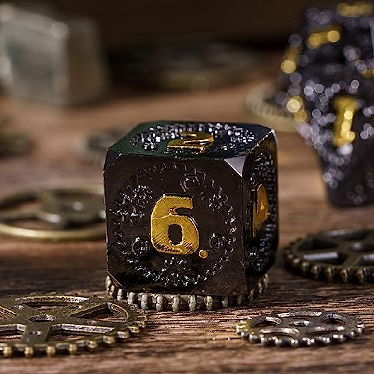 CRITALLIC Metal Dice Set Mechanical Gear Design DND Dice for Dungeons and Dragons, 7PCS Polyhedral D&D Dice with Leather Pouch for Role Playing Games MTG Table Games(Black Golden)