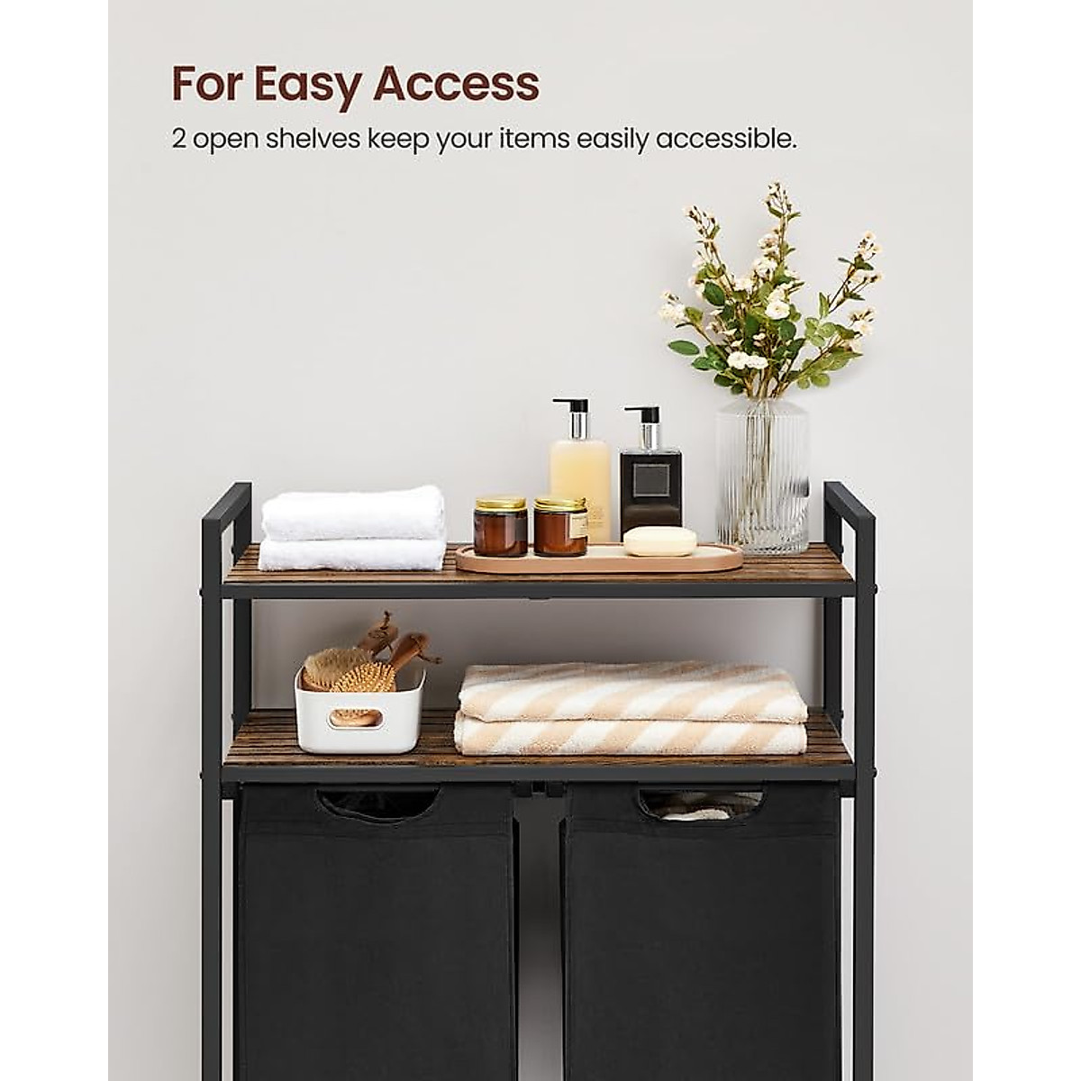 VASAGLE Laundry Hamper, Laundry Basket, Laundry Sorter with 2 Pull-Out and Removable Bags, 2 Shelves, 12.1 Gal (46L) Capacity per Bag, for Laundry Room, Rustic Brown and Black UBLH211B01