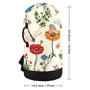 VIGTRO Spring Flowers Dragonflies Large Heavy Duty Laundry Backpack Hamper with Shoulder Strips and Drawstring, Summer Poppies Green Leaves Nylon Waterproof Laundry Bag Durable for Dorm Laundromat Travel