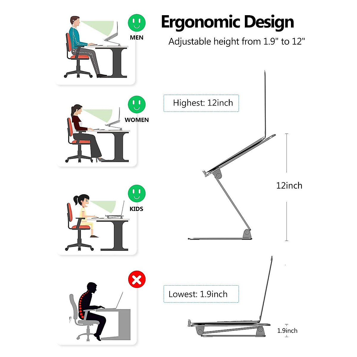 Letlar Laptop Stand Adjustable, Laptop Holder, Aluminum Laptop Riser Stand for Desk, Adjustable Height 1.9"-12", Compatible with MacBook, Air, Pro, Dell XPS, Samsung, All Laptops 8-15.6 Inches-Silver