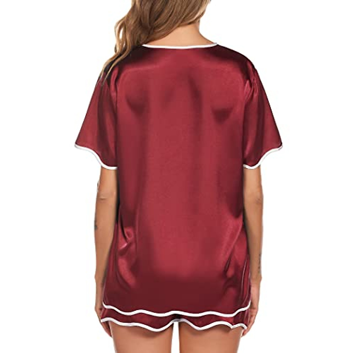 eshion Women's Short Sleeve Pjs Silk Pajama Top with Shorts Set Comfortable Summer Loungewear (Wine Red,XXL)