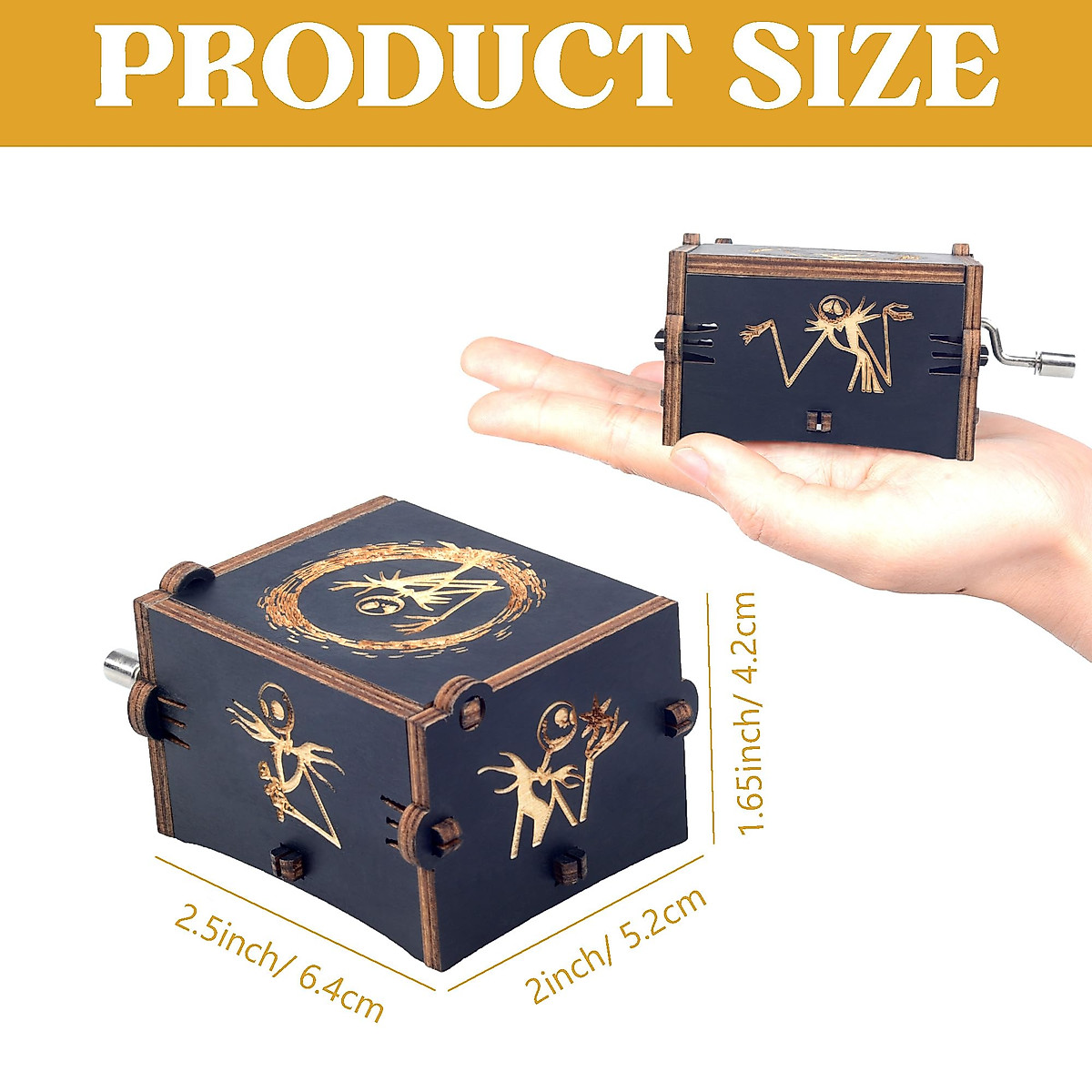Kcikn Music Box Wooden Engraved The Nightmare Hand-cranked Musical Box, Playing Melody This is Halloween Music Box for Halloween Christmas Thanksgiving Black (Small Size)