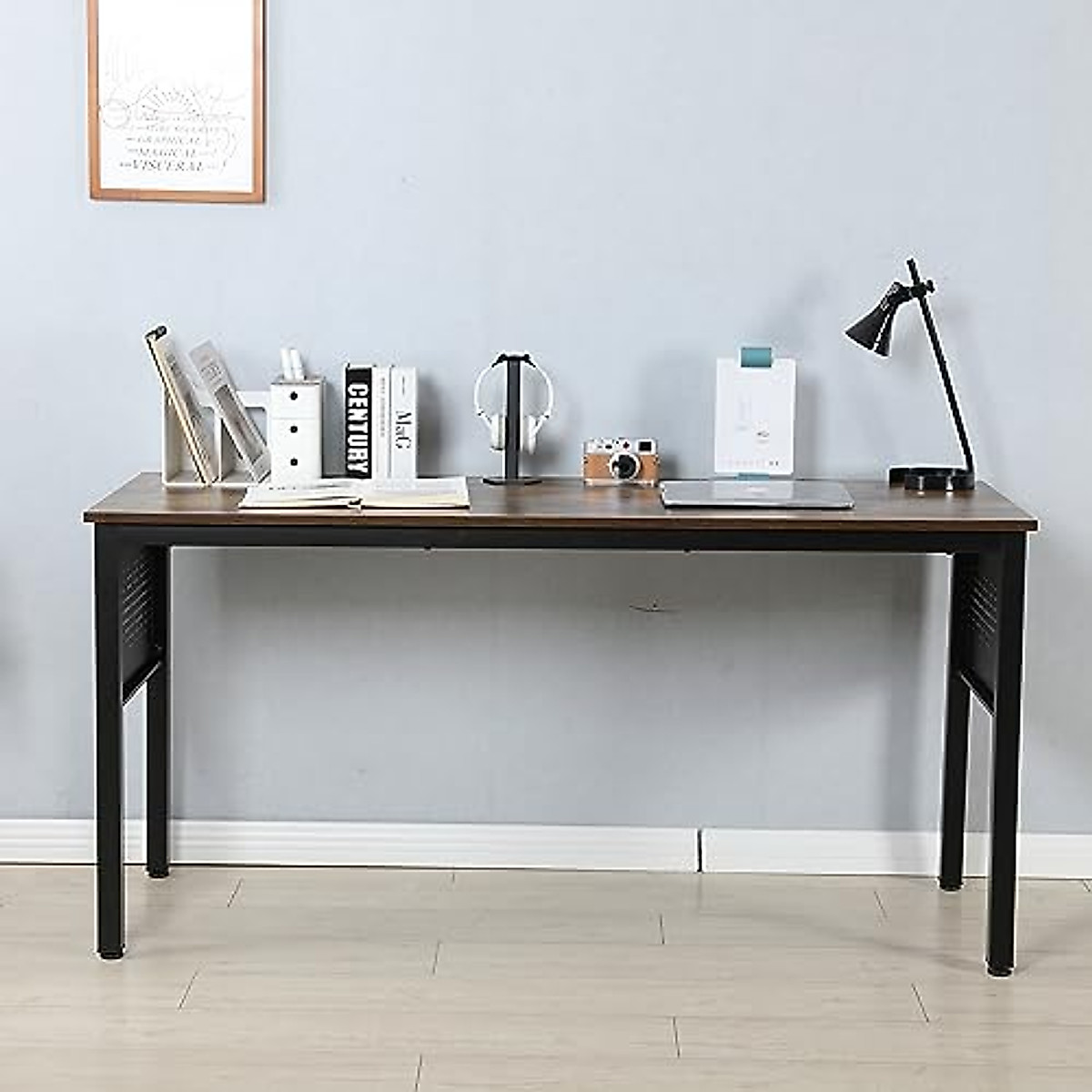 Kindmin Study Computer Desk 55/63 inch Home Office Writing Small Desk, Modern Simple Style PC Table with Freely Adjustable Hook-Type Metal Perforated Side Panels (55in-Black)
