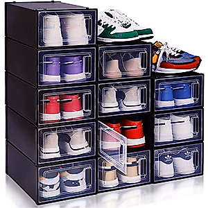 FINESSY Shoe Storage Shoe Organizer Cabinet, 12 Pack Medium Shoe Rack Closet Organizer and Storage Bins, Black Shoe Container Stackable Shoe Boxes Clear Plastic Stackable Shoe Holder