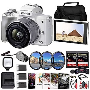 Canon EOS M50 Mark II Mirrorless Camera with 15-45mm Lens (White) (4729C004) + 2 x 64GB Memory Card + Filter Kit + 2 x LPE12 Battery + Card Reader + LED Light + Corel Photo Software + More (Renewed)