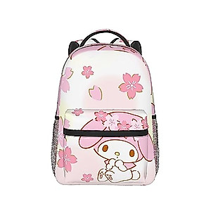 Cute My Bunny Melody And Flowers Backpack Cartoon My Bunny Melody Characters Backpack Double Shoulder Strap Adjustable Durable Laptop Bag Backpacks Lightweight Cute Travel Daypack With Keychain