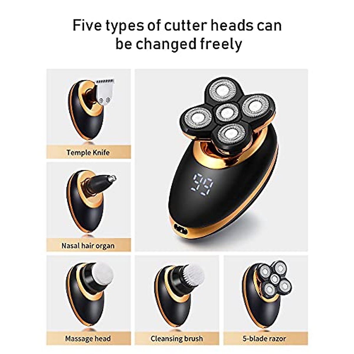 Electric Shavers for Men - 5 in 1 Bald Head Shavers for Men, 5D Floating Cordless USB Rechargeable Rotary Razor Multifunctional Grooming Kit Beard Trimmer Waterproof Wet and Dry with LED Display