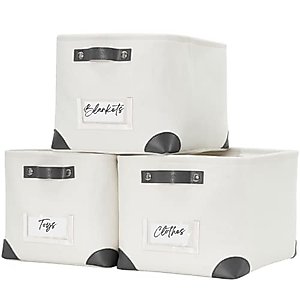 DECOMOMO Storage Bins | Fabric Storage Basket for Shelves with Label for Organizing Closet Nursery Toy | Decorative Large Linen Organizers with Handles (Grey W/ Label holder, Large - 3 Pack)