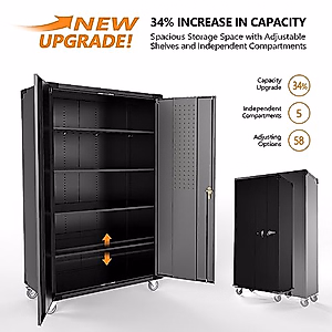 VINGLI 72" H Upgraded Tall & Wide Black Metal Storage Cabinet with Pegboards in Doors and 4 Adjustable Shelves, Garage Cabinet and Storage System with Wheels, Locking Cabinet for Home Office, Basement