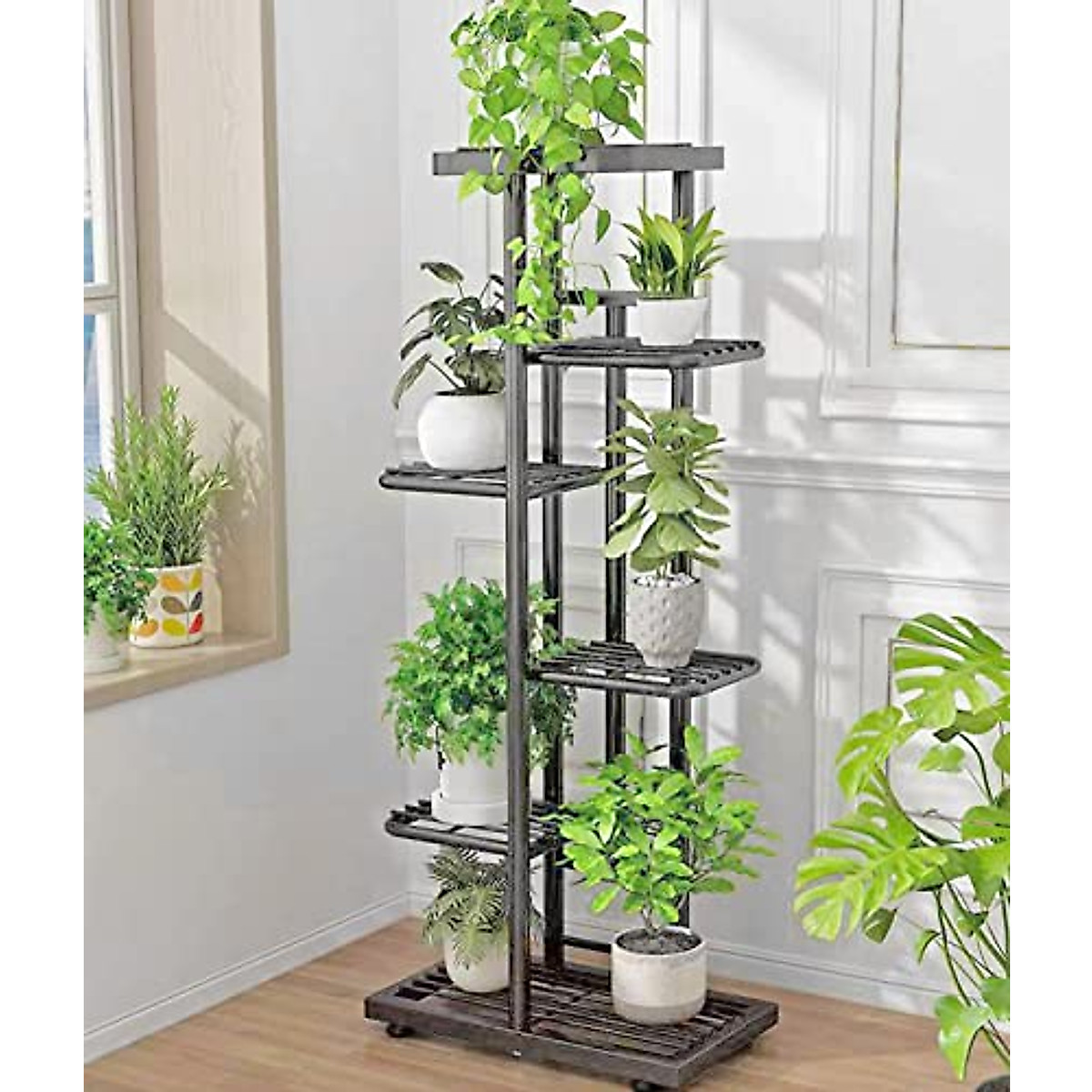 yeavs Plant Stand Shelf 6 Tier Indoor Outdoor, Flower Pot Holder Rack for 7 Pots, Plants Organizer Garden Home Office Living Room Balcony Patio (White)