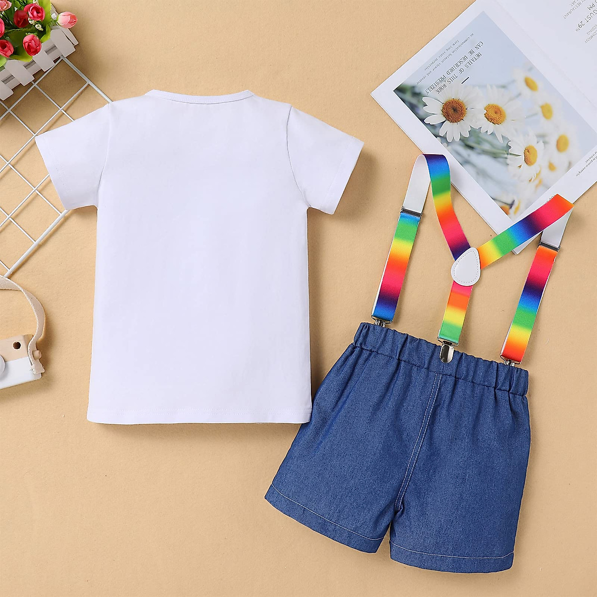 IBTOM CASTLE Watermelon 1st 2nd 3rd 4th 5th Birthday Boy Outfit for Baby Toddler Cake Smash Melon Bowtie Jumpsuit +Denim Shorts+Suspenders+Crown Photo Shoot Formal Suit Blue Crown-4th Birthday Boy 4T