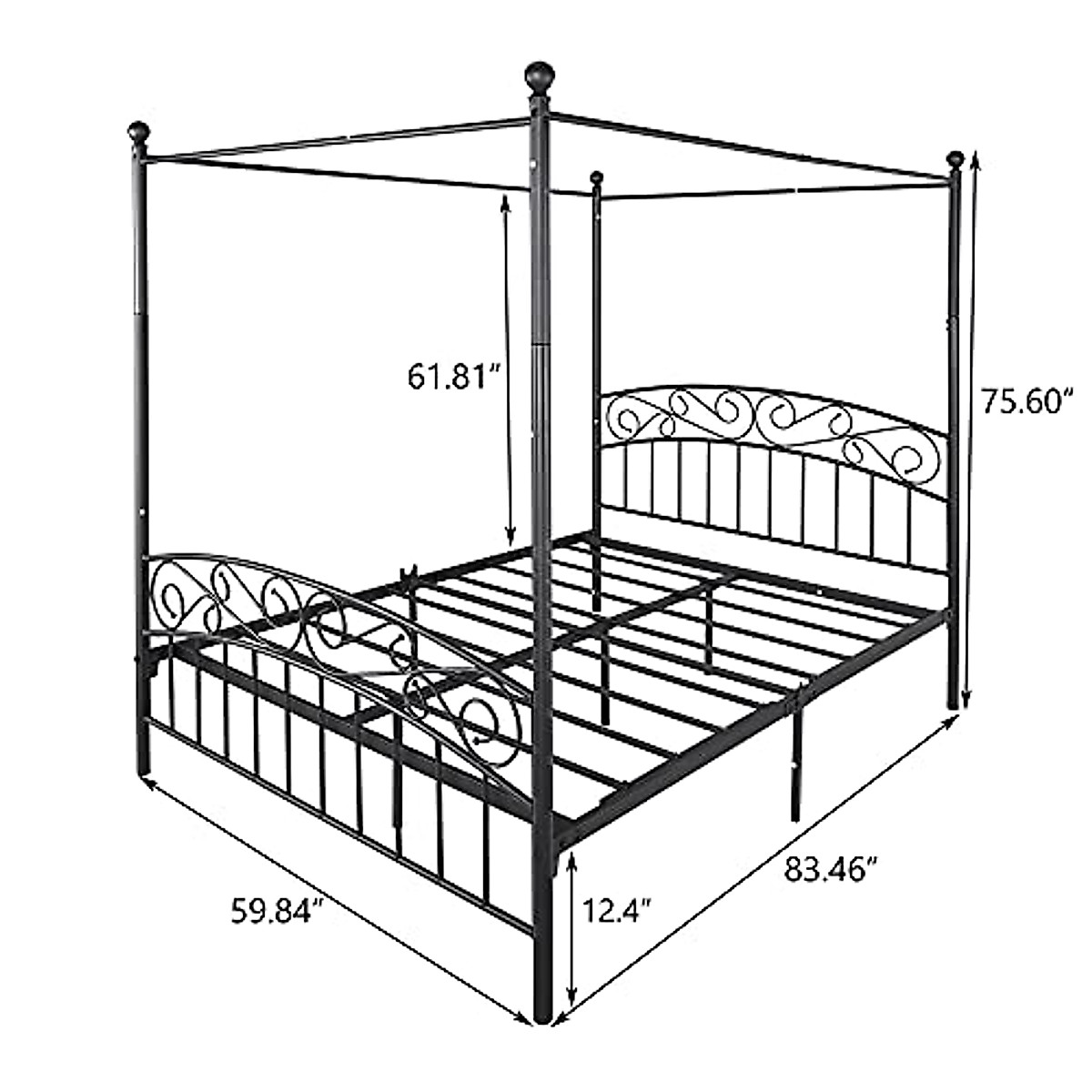 USIIN Queen Size Metal Canopy Bed Frame with Headboard and Footboard Black