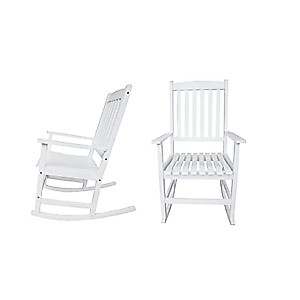 BTEXPERT Indoor Outdoor Slatted Wooden Front Rocking Chair Garden Deck Porch Rocker, Furniture, White, Set of 2