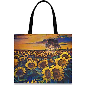 visesunny Women's Large Canvas Tote Shoulder Bag Vintage Sunflower And Sunset Top Storage Handle Shopping Bag Casual Reusable Tote Bag for Beach,Travel,Groceries,Books