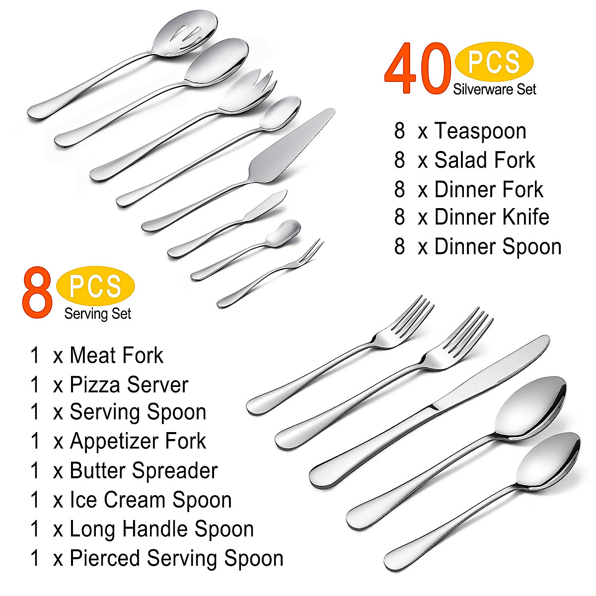 Silverware Set with Serving Pieces, LIANYU 48-Piece Flatware Set Service for 8, Stainless Steel Cutlery Eating Utensils, Mirror Finish, Dishwasher Safe