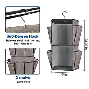 coastal rose Rotating Closet Organizer with 12 Pockets,2-Tier Hanging Shoe Organizer for Closet, Hanging Closet Organizers and Storage Shelves, Space Saving Closet Shelf, Grey