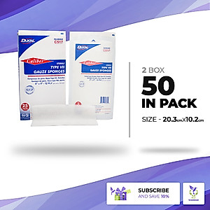 Dukal Type VII Gauze Sponges 8" x 4". Pack of 50 Sterile Wound Pads 12-ply. Sterile 100% Сotton Gauze Sponges, Wound Care Dressing Pads for Cleaning, Prepping. Wound Care Gauze Bandages, C517