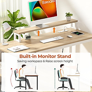 SOROGRA Small Computer Desk with Storage Shelves 39.4 inch Home Office Desk with LED Lights and Power Outlets, Writing Desk with Monitor Stand for Bedroom, Small Space, Oak