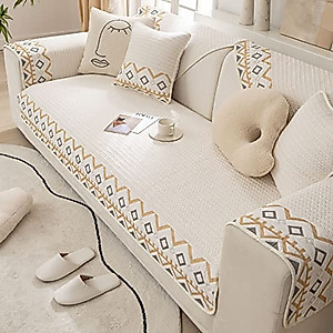 vctops Boho Geometric Embroidery Sofa Couch Cover Cotton Love Heart Quilted Sectional Couch Covers Non-Slip Washable Sofa Slipcover for Dogs, Children, Pets Furniture Protector (Cream,36"x63")