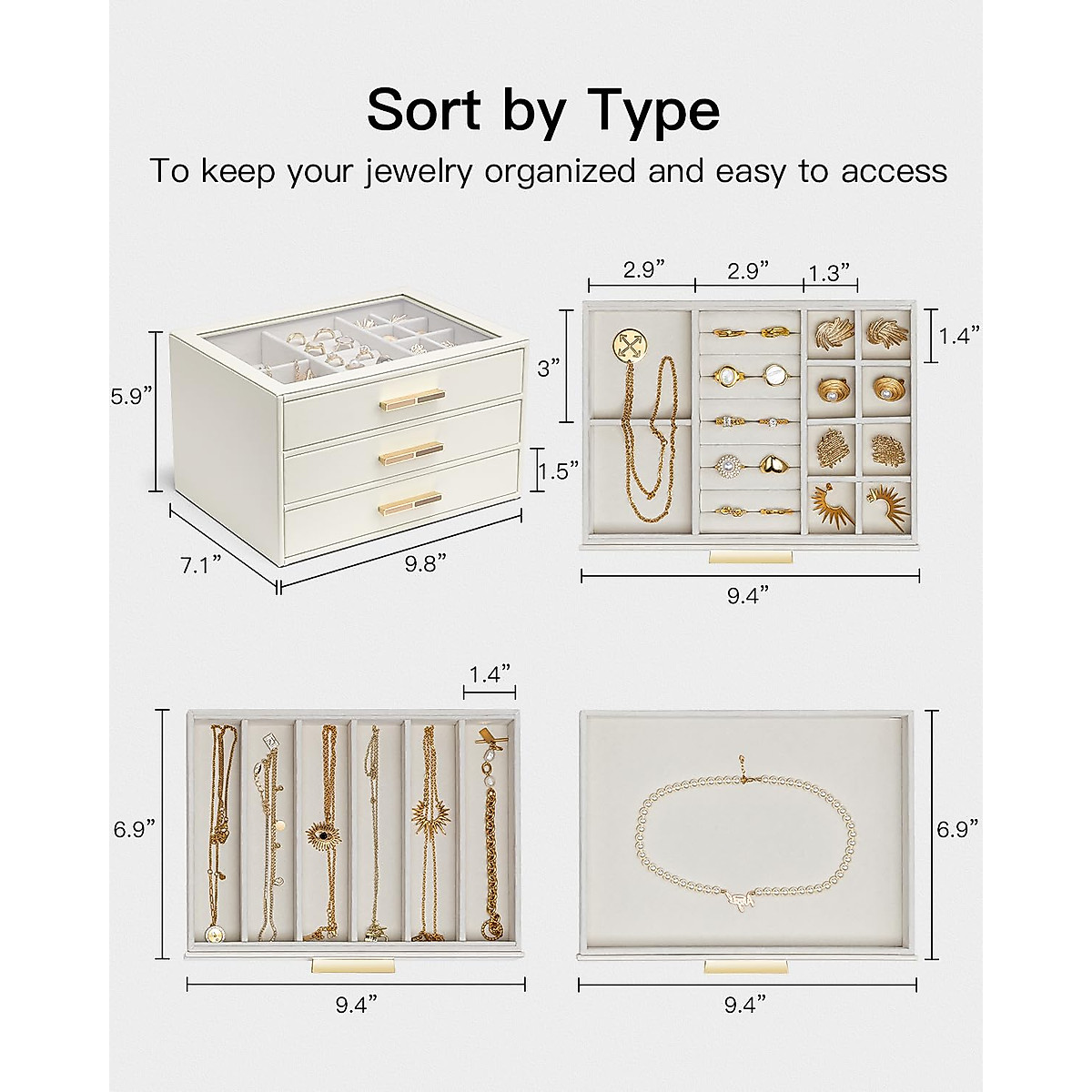 Vlando Jewelry Box for Women, Glass Lid Jewelry Organizer with 3 Drawers for Necklaces Rings Earrings Bracelets Christmas Gift - White