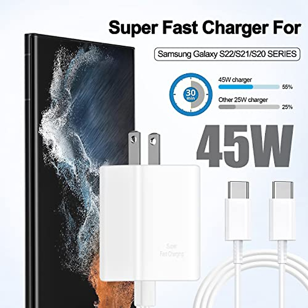 45W USB-C S22 Ultra Charger, 2 Pack Super Fast Charger Block with 5FT Type C Android Phone Cable Fast Charging for Samsung Galaxy Charger S22 Ultra/S22/S22+/S21/S21+/S21 Ultra/S20/S20+/S20 Ultra