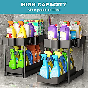 Jianyana Under Sink Storage and Organizer, Black Under Bathroom Cabinet Organizer with Hooks Hanging Cup Slide Drawers,2-tier Multi-purpose Large Capacity Kitchen Storage Shelf