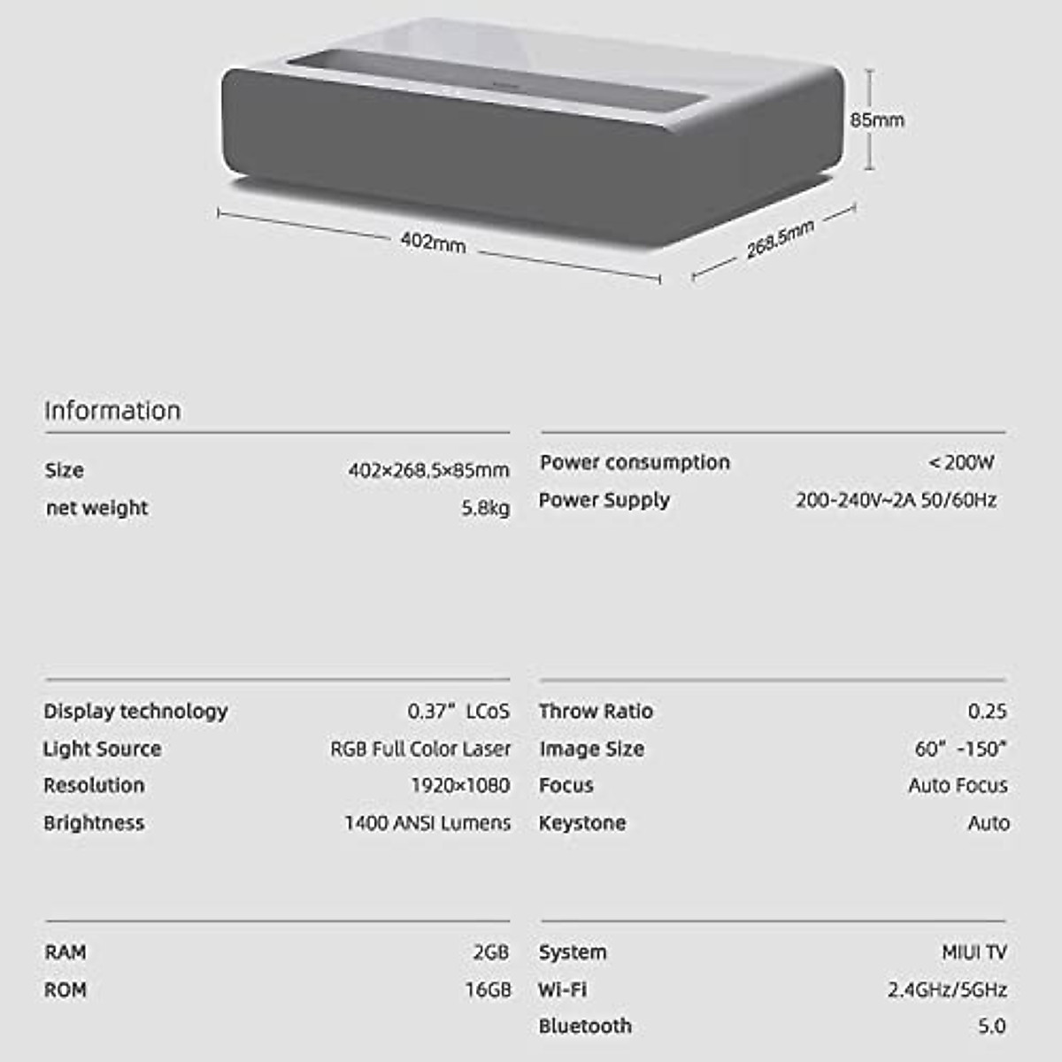 Kaya Projector, Xiao-Mi LCoS Home Projector XMJGYY01YS | Ultra Short Throw | ALPD 1400 ANSI Lumens | Amlogic T982 2GB 16GB | Android Home Cinema Projector - English Support
