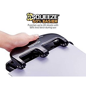 Bostitch Office EZ Squeeze 20 Sheet Standard 3 Hole Punch, Metal Construction, Silver/Black (HP20)