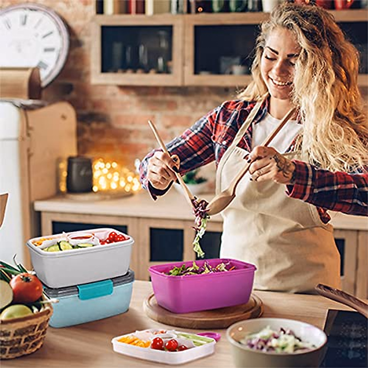Caperci Large Salad Container for Lunch - Better Adult Bento Lunch Box 68 oz, 5-Compartment Tray, 2pcs 3-oz Sauce Cups, Stackable, BPA-Free (Gray)