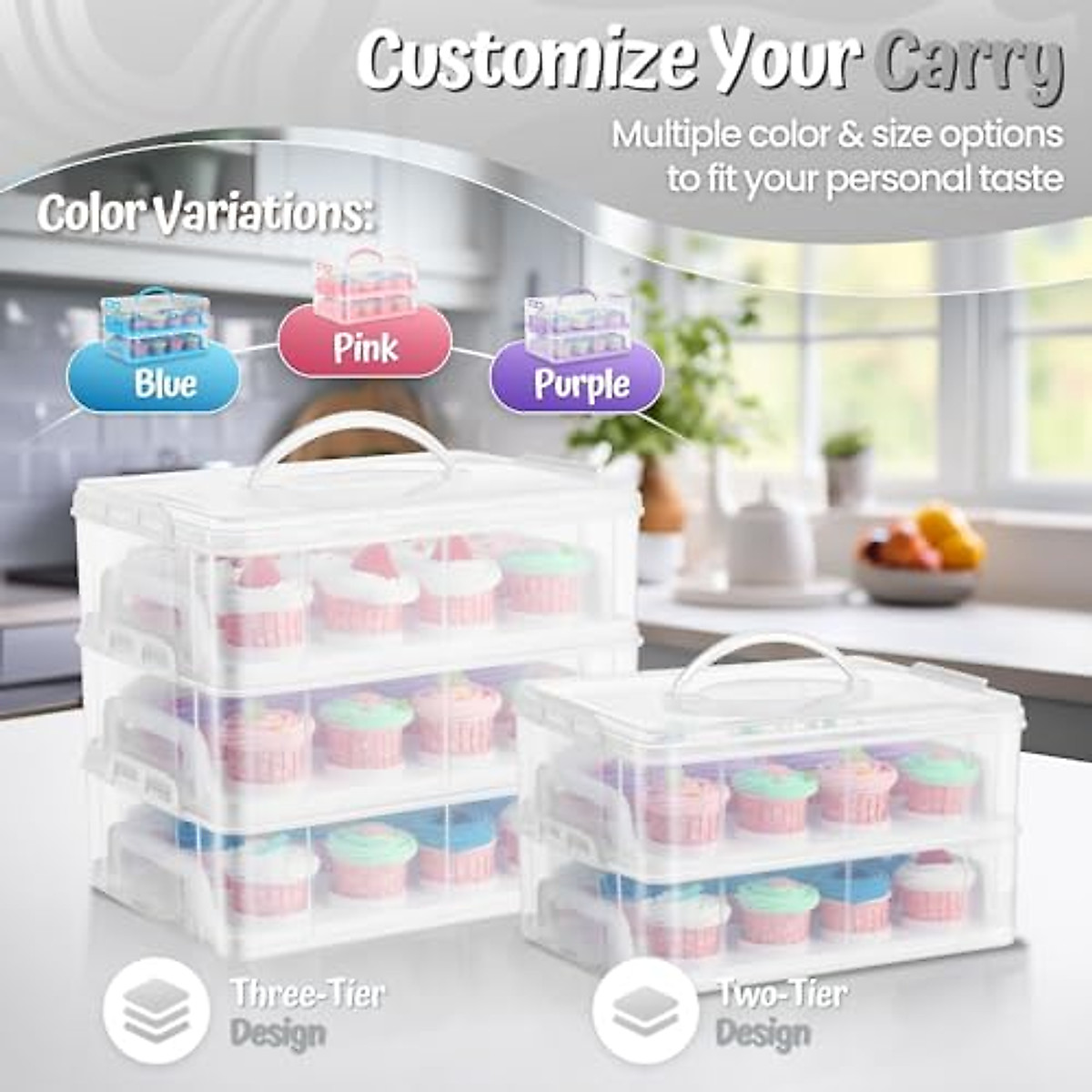 Flexzion Cupcake Carrier, Cupcake Holder for 24 Cupcakes, Portable and Reusable Rectangular Cake Carrier with Lid and Handle, 2 Tier Stackable Layer Insert (Clear)